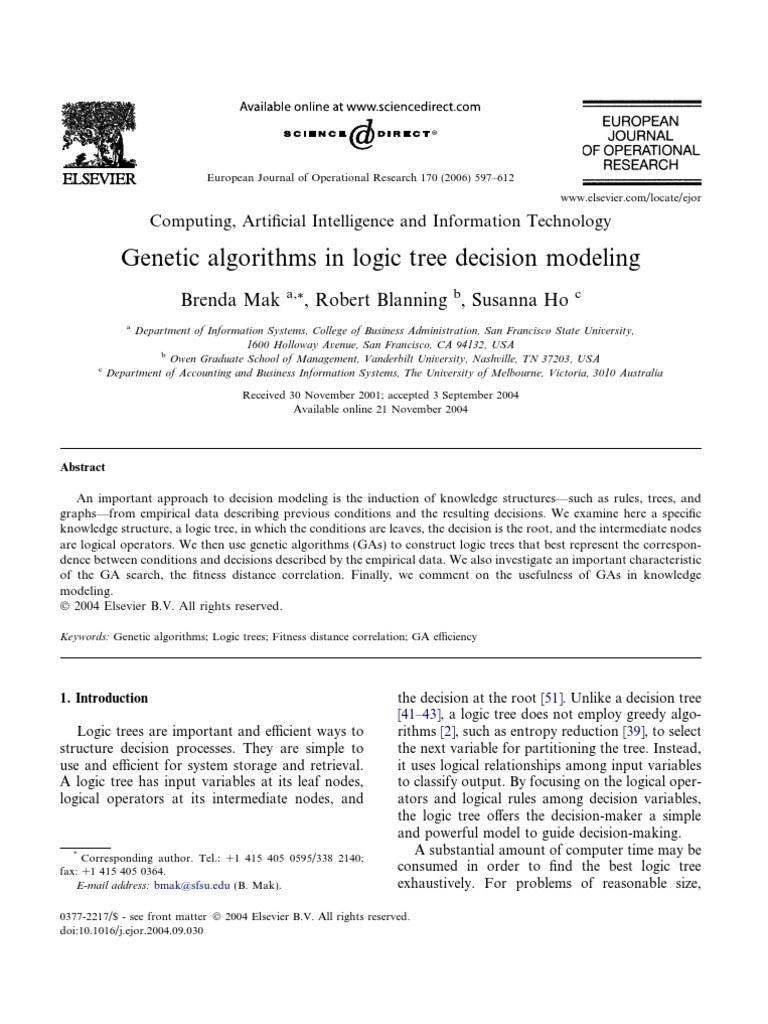 Genetic Algorithms in Logic Tree Decision Modeling: Brenda Mak, Robert ...