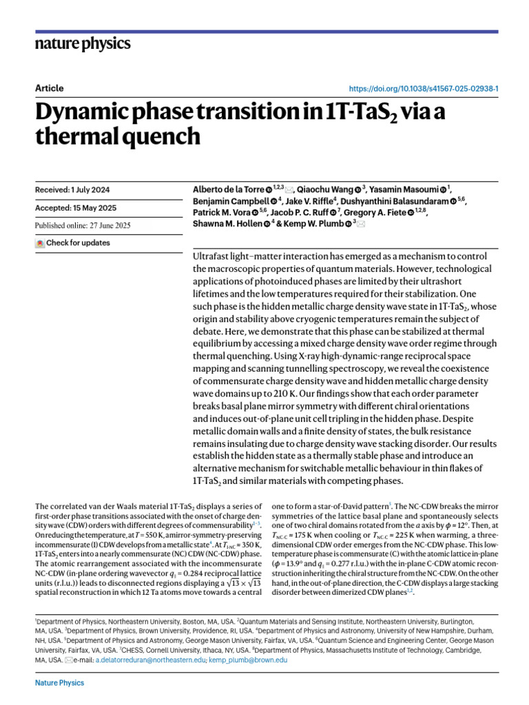 De La Torre 等 - 2025 - Dynamic Phase Transition in 1T-TaS2 via a Thermal Quench | PDF | Phase ...