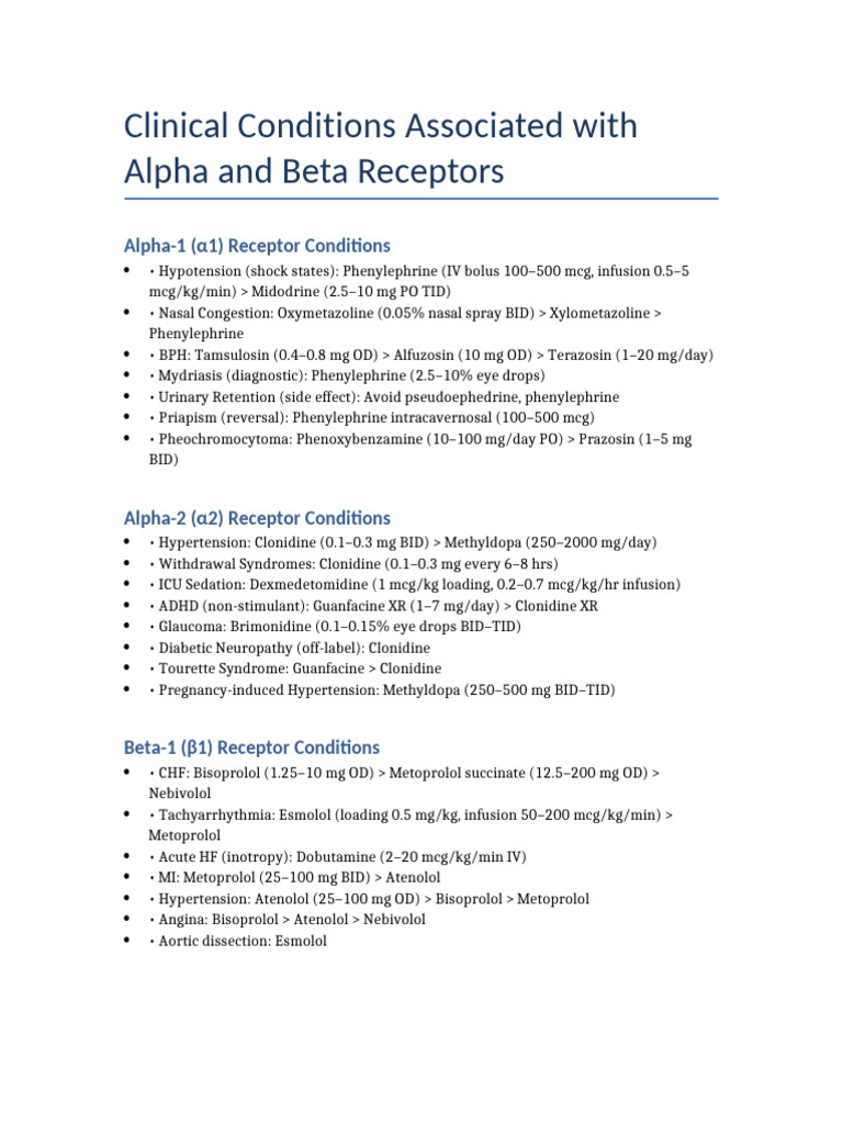 Alpha Beta Receptor Clinical Conditions Drugs Doses | PDF