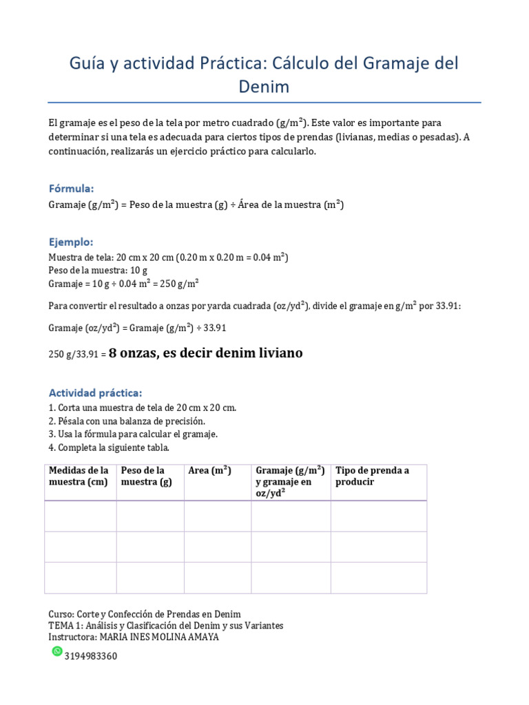 Guia y Actividad Calculo Gramaje Denim | PDF
