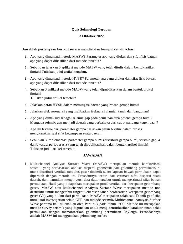 Quiz Seismologi: Metode MASW dan HVSR | PDF