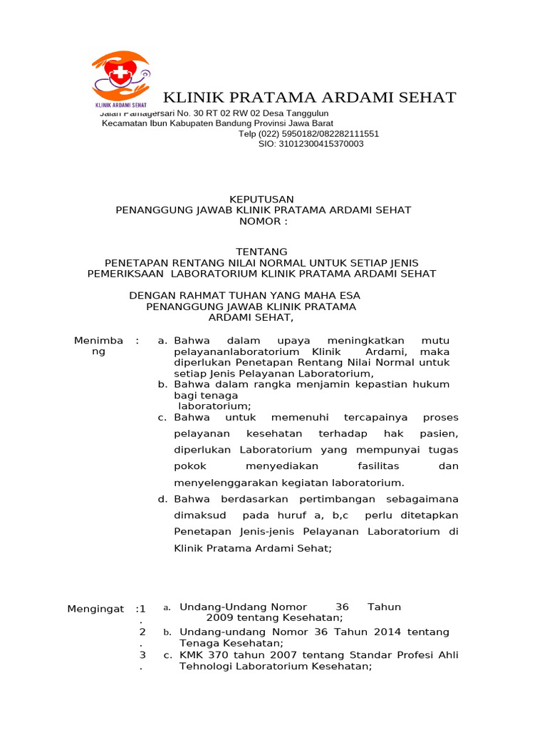 SK Penetapan Rentang Nilai Normal Untuk Setiap Jenis Pemeriksaan ...