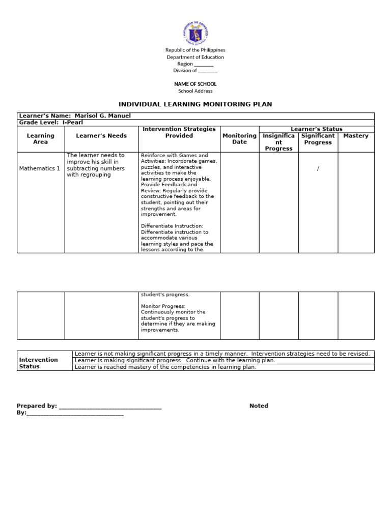 Individual Learning Monitoring Plan | PDF | Differentiated Instruction ...