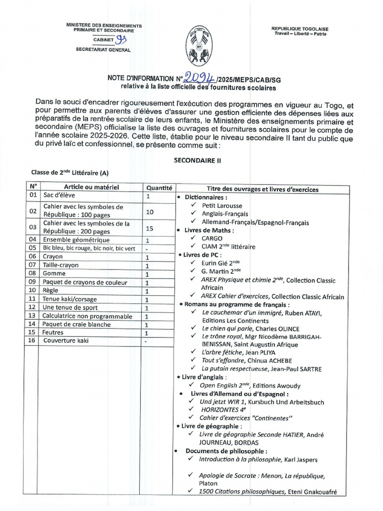 Note Fourniture Lycee | PDF