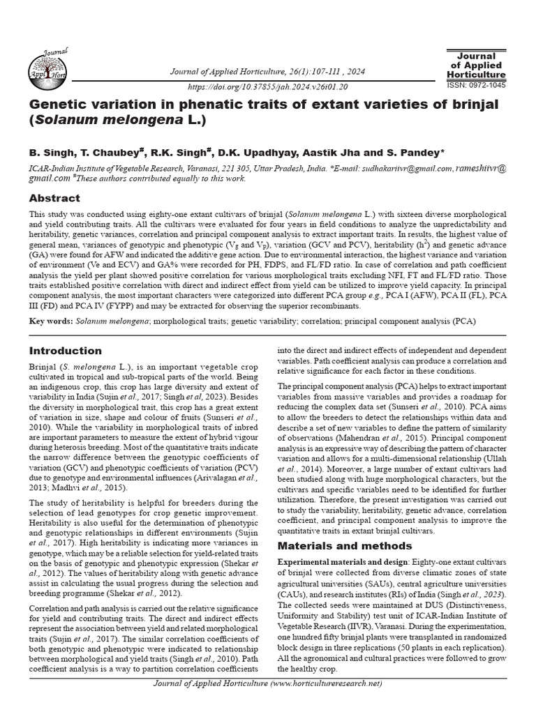 Genetic Variation in Phenatic Traits of Extant Varieties of Brinjal ...