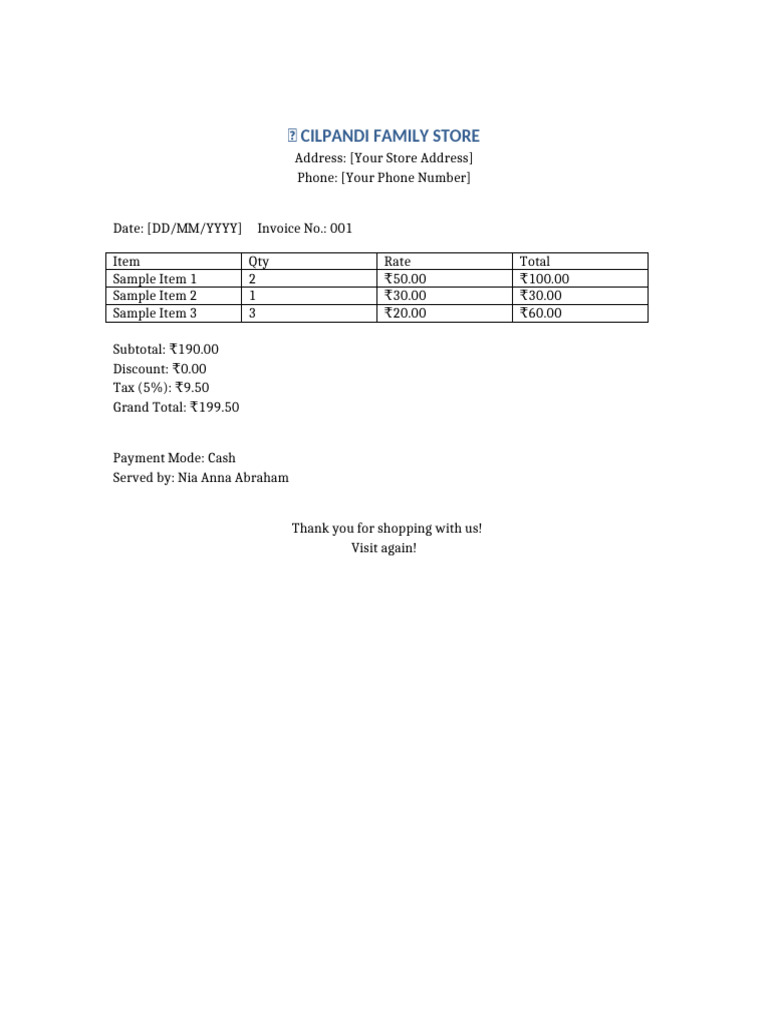 Cilpandi Store Bill Format | PDF