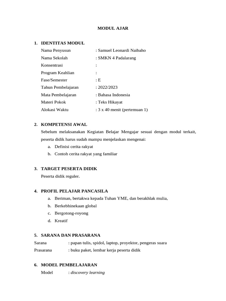 Modul Ajar Hikayat-Cerpen SMKN 4 Padalarang Fase e Kelas X (Pertemuan 1) | PDF