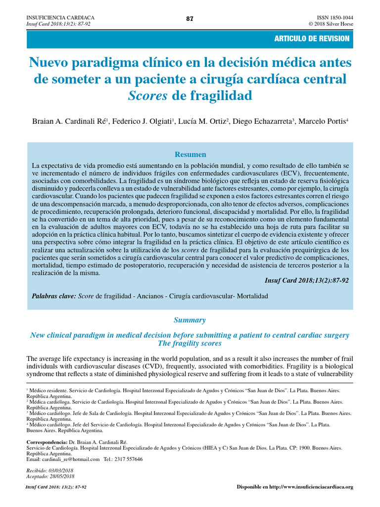 Scores de fragilidad en cirugía cardíaca | PDF | Cirugía | Cardiología
