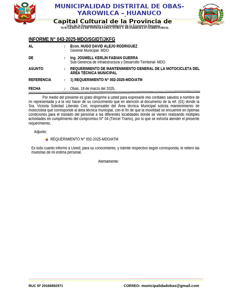 Informe #043-2025 Remito Requerimiento de Mantenimiento Moto Linea Atm | PDF