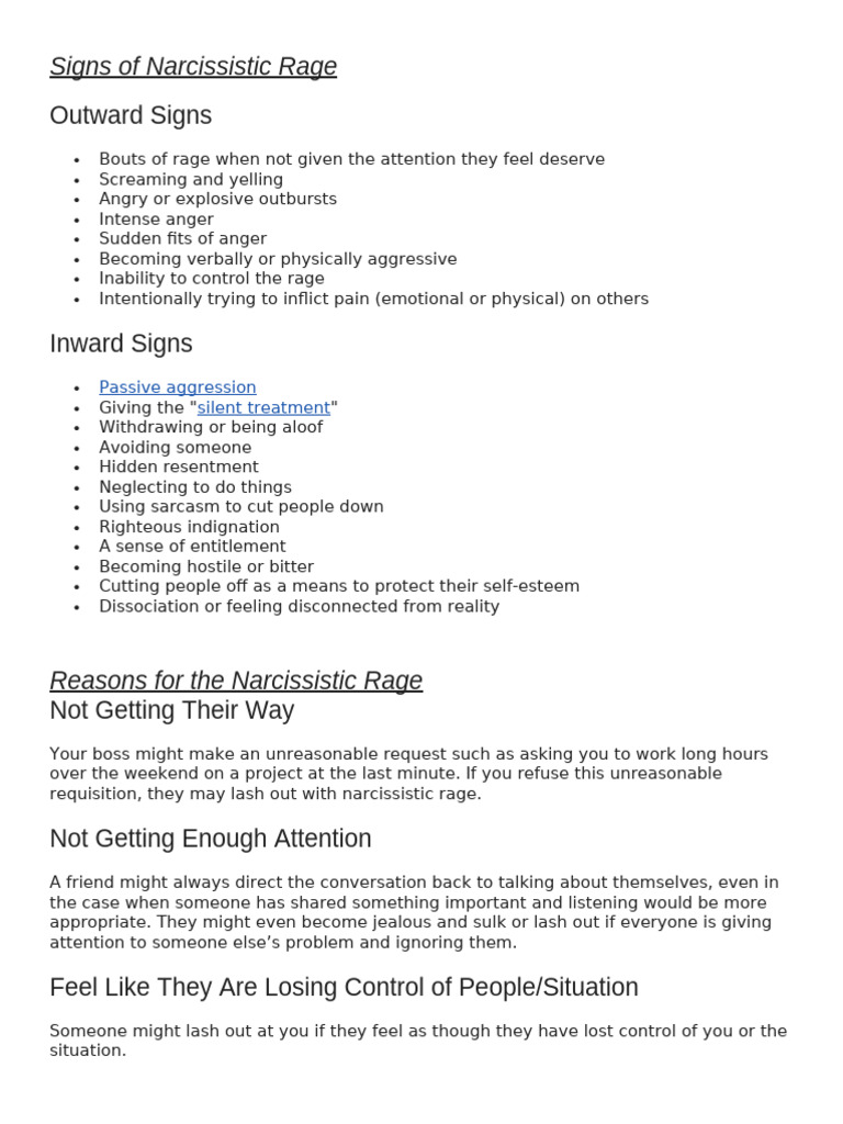 Signs of Narcissistic Rage | PDF | Anger | Narcissism