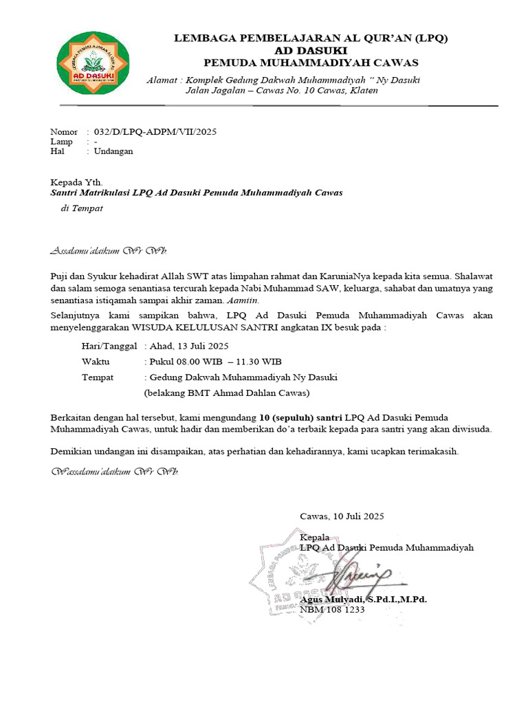 Undangan Wisuda Santri LPQ Ad Dasuki | PDF