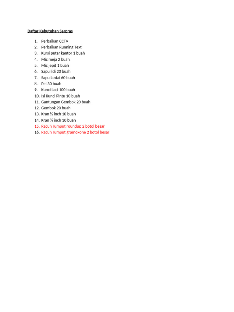 Daftar Kebutuhan Sarpras | PDF