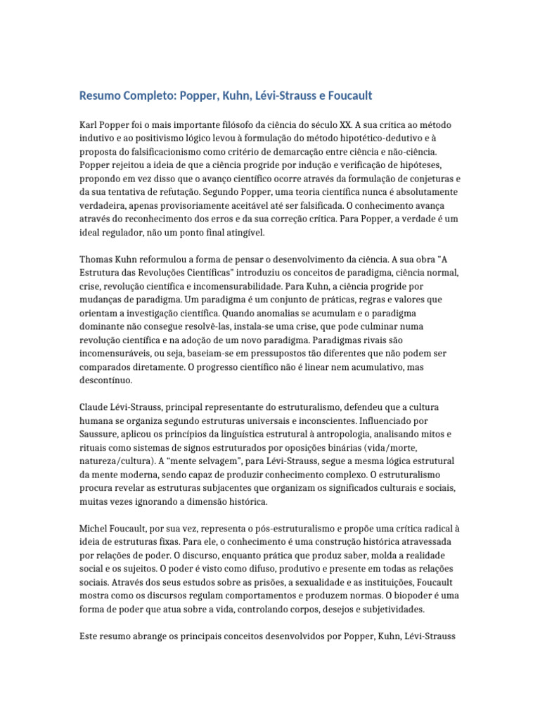 Resumo Popper Kuhn Estruturalismo Texto | PDF | Science | Paradigma