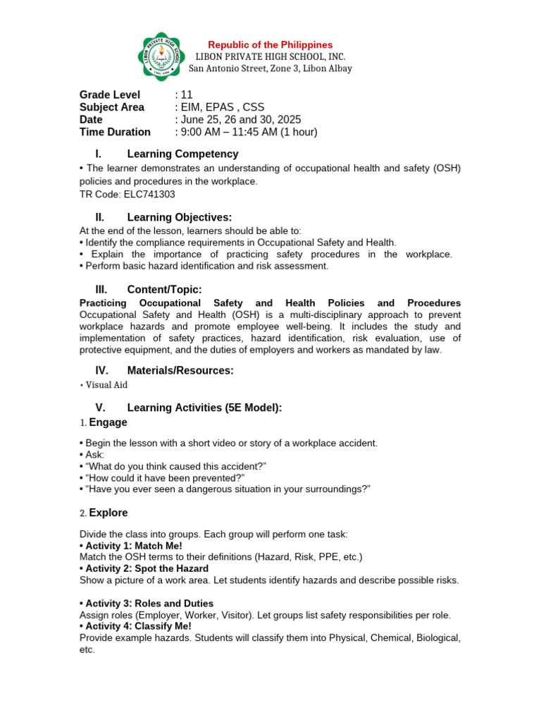 OSH Lesson Plan Realubit | PDF | Occupational Safety And Health | Risk