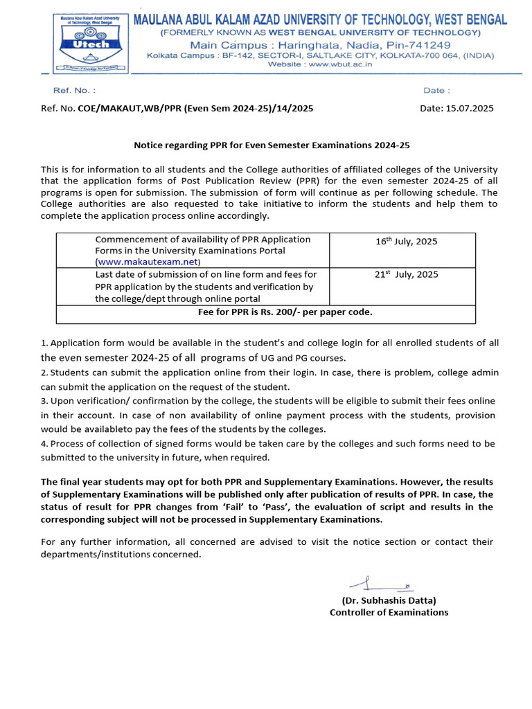 Notice Regarding PPR For Even Semester Examinations 2024-25 | PDF