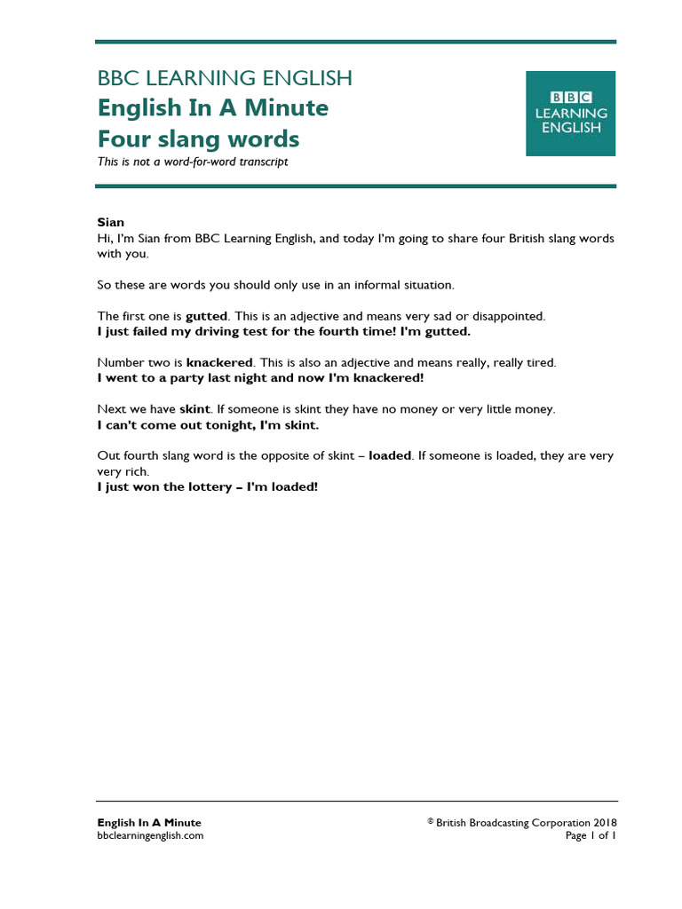 Four British Slang Words Explained | PDF