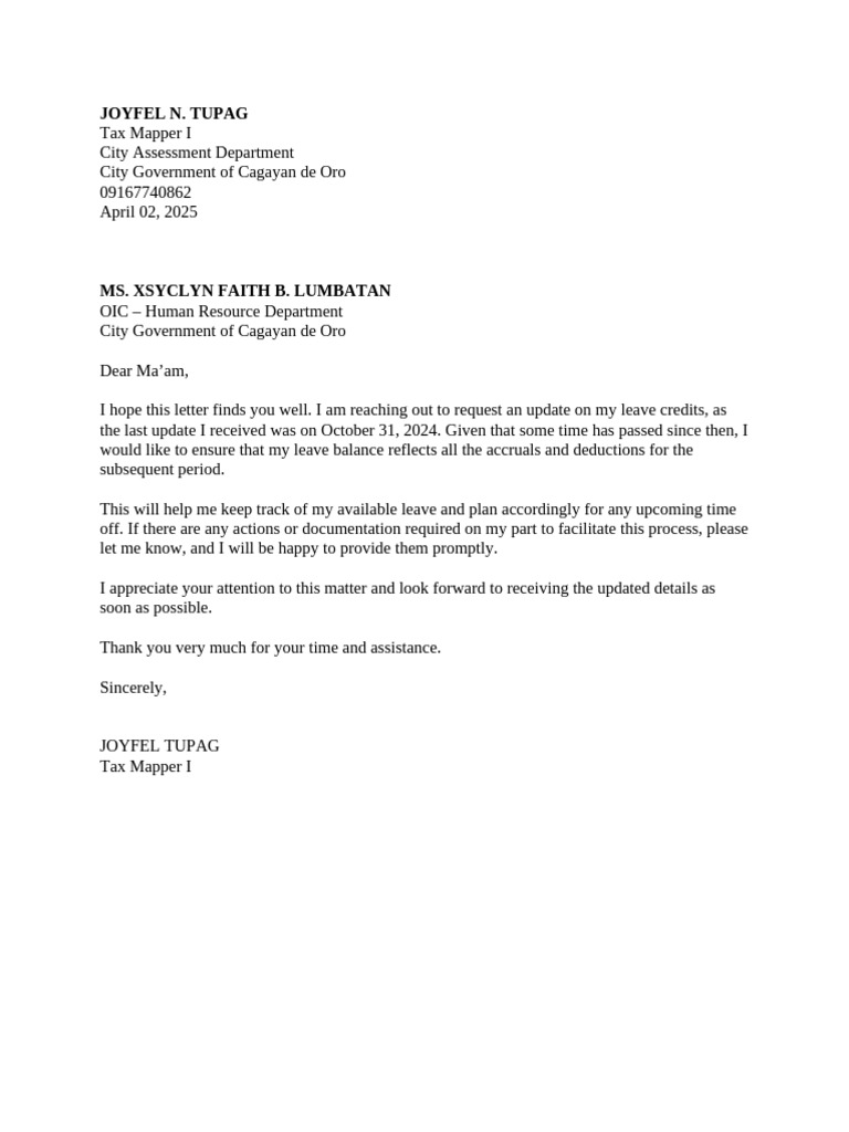 Leave Credit Update Request Letter | PDF