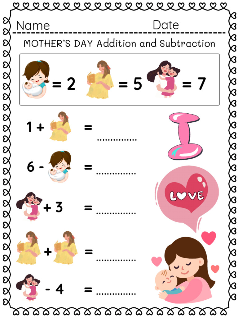 Name Date: MOTHER'S DAY Addition and Subtraction | PDF