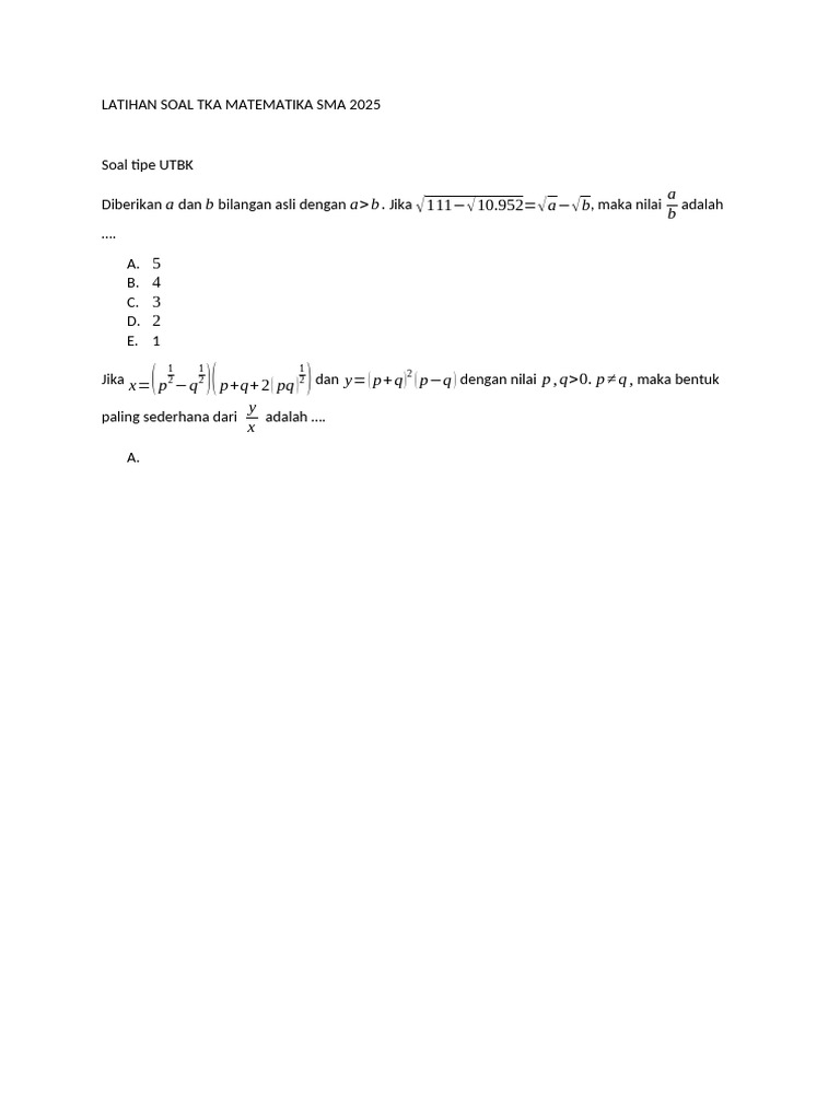 Latihan Soal Tka Matematika Sma 2025 | PDF