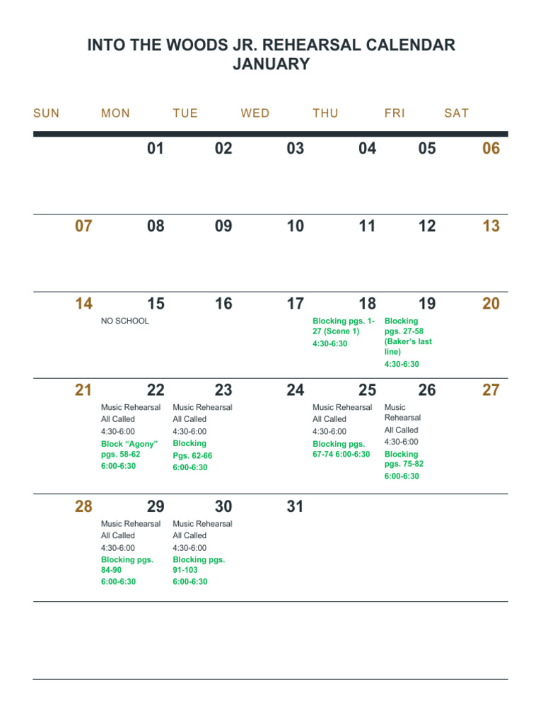 Into the Woods Jr. Rehearsal Schedule | PDF