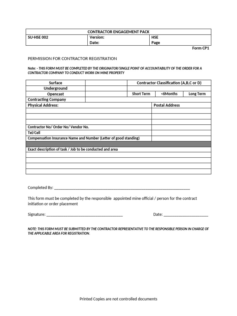 Permission For Contractor Registration: Contractor Engagement Pack SU-HSE 002 Date: HSE Form CP1 ...