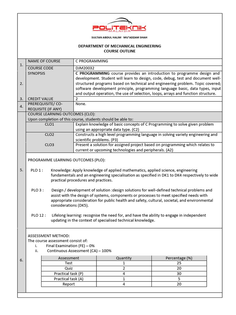 Course Outline DJM20032 Sesi 1 2223 | PDF | Computer Programming | Engineering