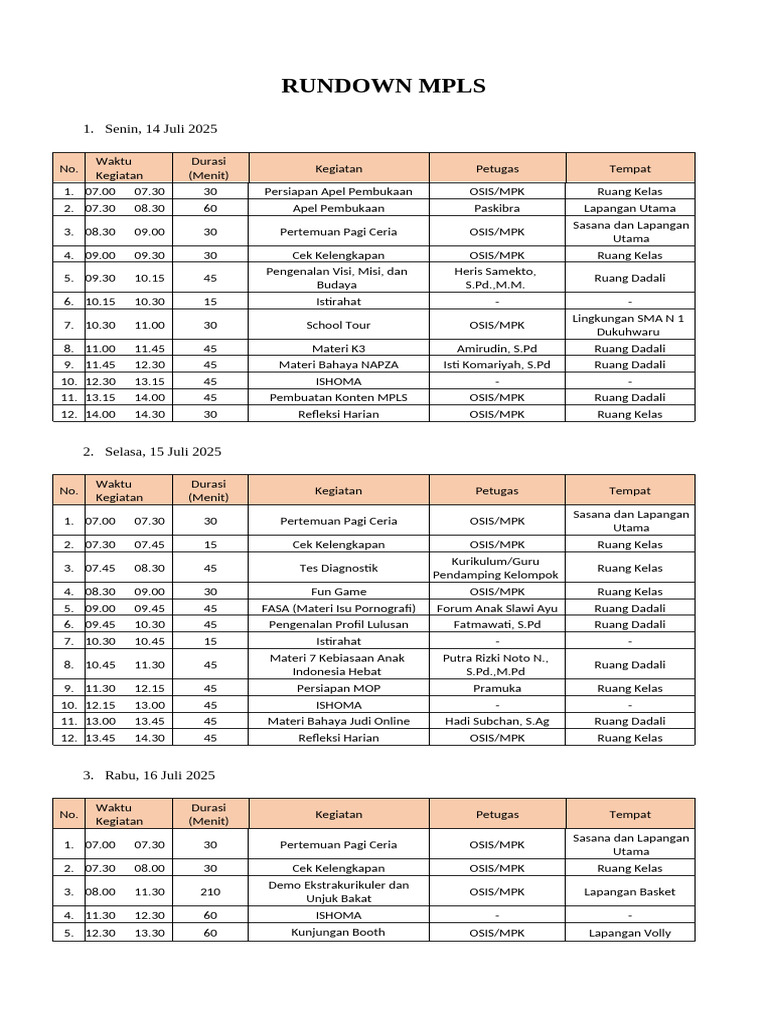 Rundown Kegiatan MPLS 2025 | PDF
