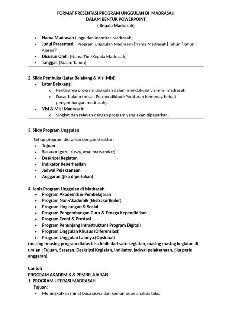 Format Presentasi Program Unggulan Di Madrasah | PDF