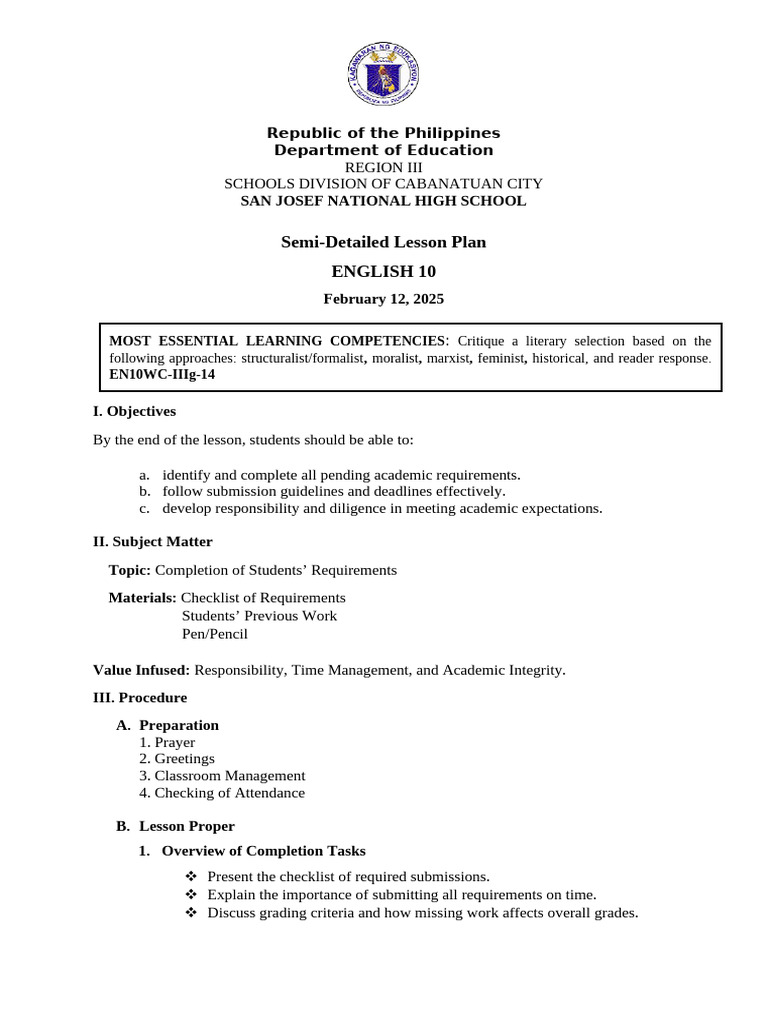 SMDL - Completion of Requirements - Day 1 | PDF | Lesson Plan | Human ...