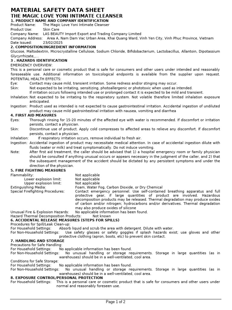 MSDS The Magic Love Yoni Intimate Cleanser | PDF | Firefighting | Waste