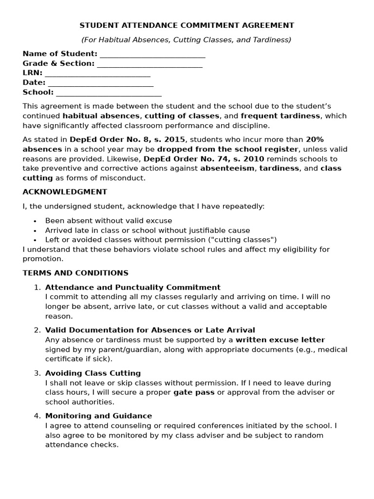 Student Attendance Commitment Agreement | PDF
