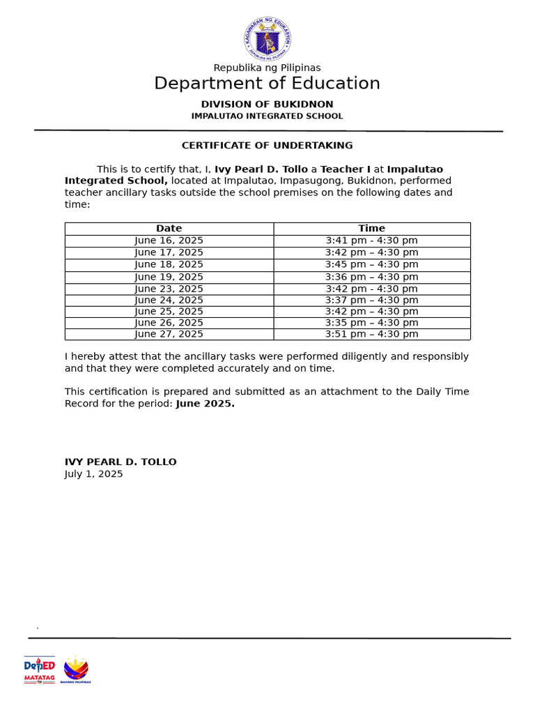 Certificate of Undertaking | PDF