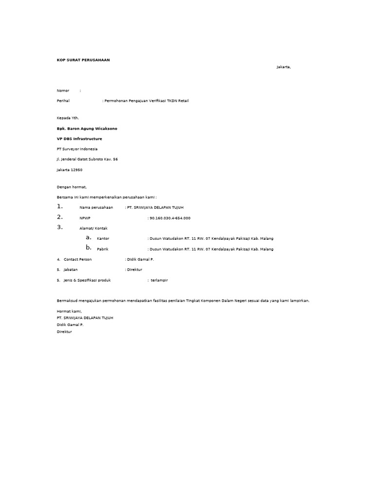 Format Surat Permohonan Verifikasi TKDN | PDF