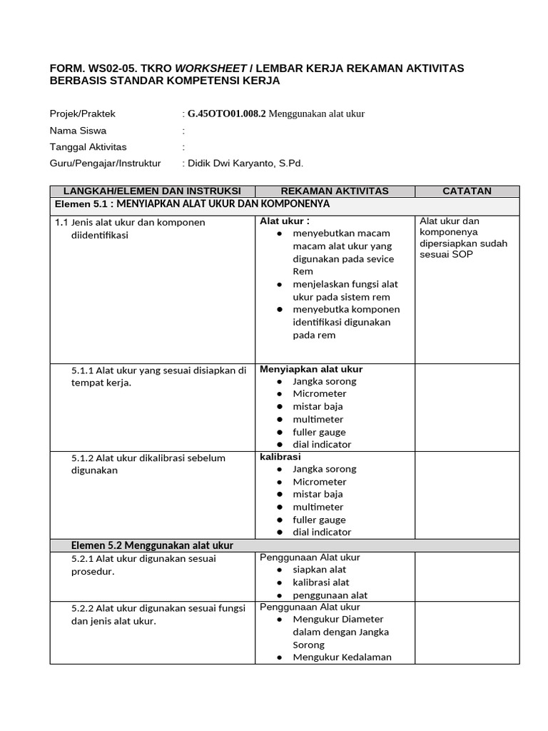 Lembar Kerja Aktivitas TKRO Siswa | PDF