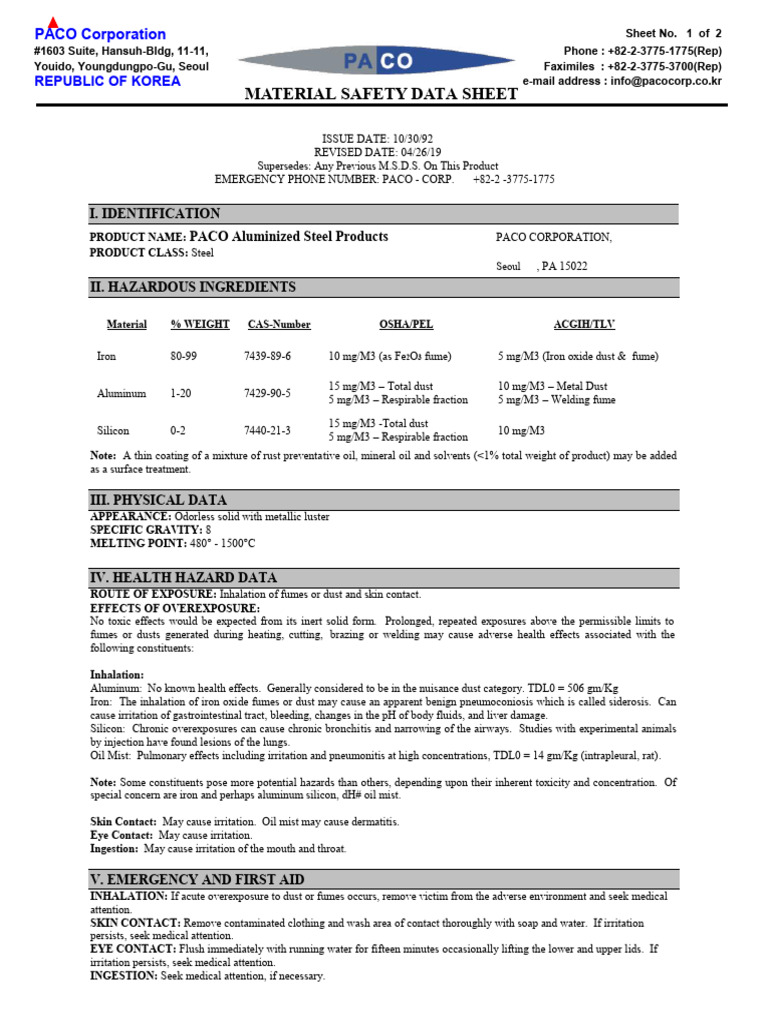 Msds Paco Alumninize Steel | PDF | Magnesium | Chemical Elements