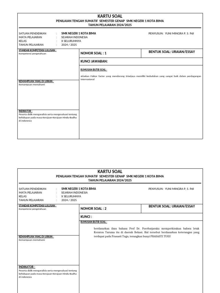 Contoh Kartu Soal Dan Kisi - Kisi Soal | PDF