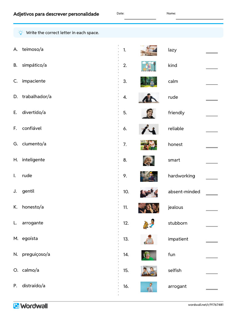 Adjetivos para Descrever Personalidade Match Up Write The Answer | PDF
