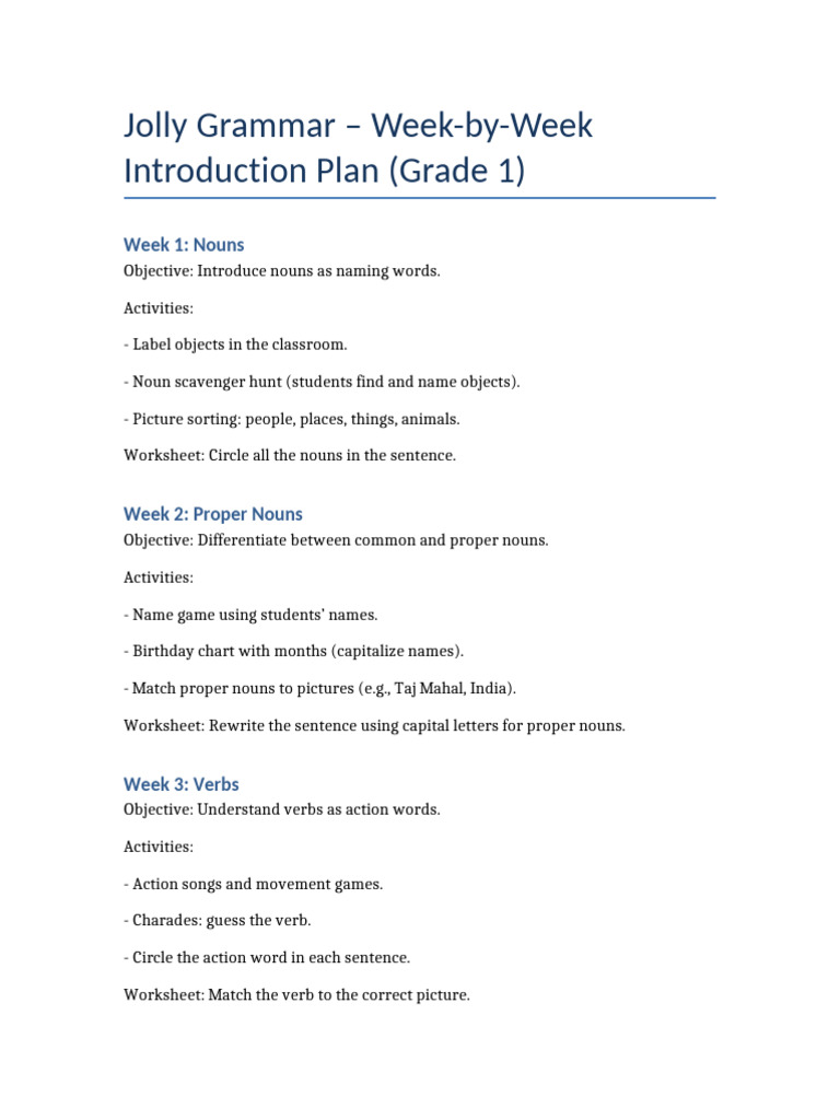 Jolly Grammar Week by Week Grade1 | PDF | Noun | Verb