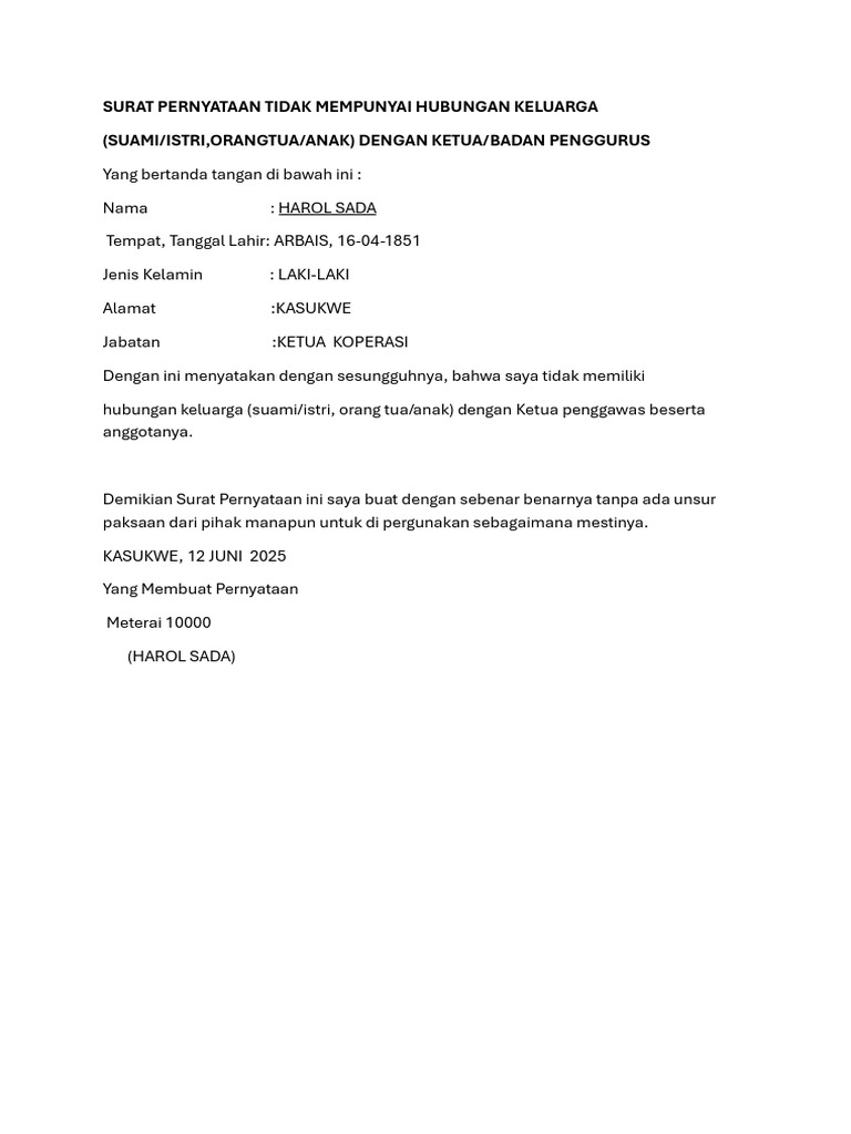 Surat Pernyataan Tidak Memiliki Hubungan Keluarga | PDF