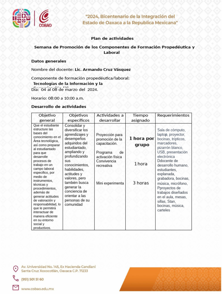 Plan de Actividades Capacitacion TICS 24A-1 | PDF | Aprendizaje