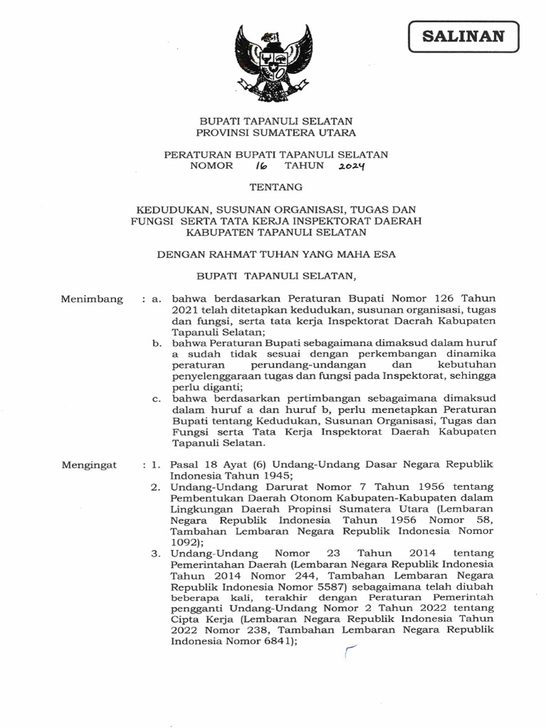 Perbup No. 16 Tahun 2024 Tentang SOTK Inspektorat Terbaru | PDF