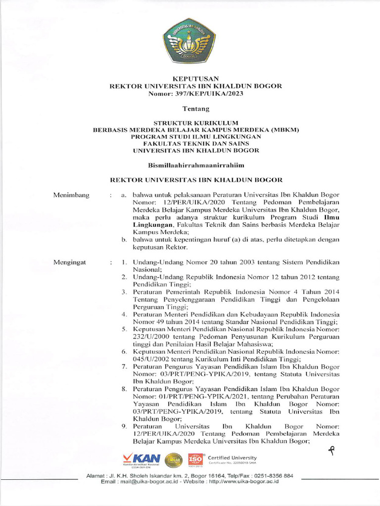 397 SK Kurikulum MBKM 2021 - Ilmu Lingkungan | PDF