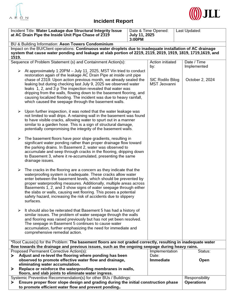 Water Leakage Incident Report 2025 | PDF | Basement | Drainage