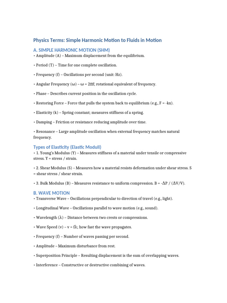 Physics Terms SHM To Fluids UPDATED | PDF | Waves | Fluid Dynamics
