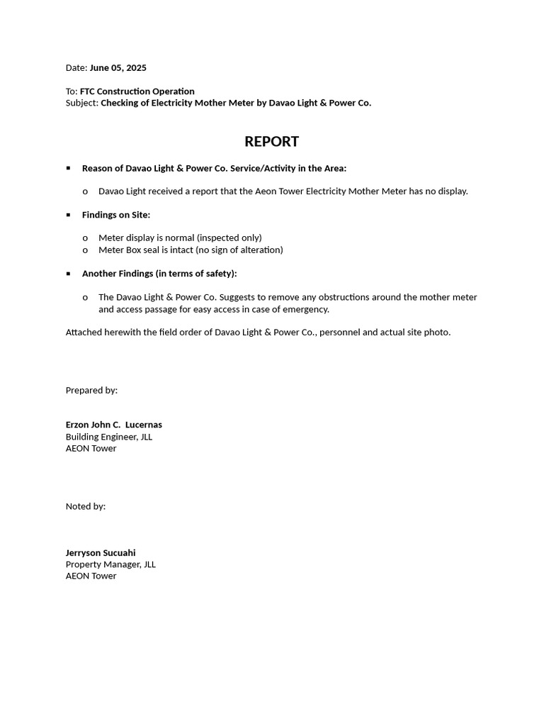 Mother Meter Inspection Report | PDF