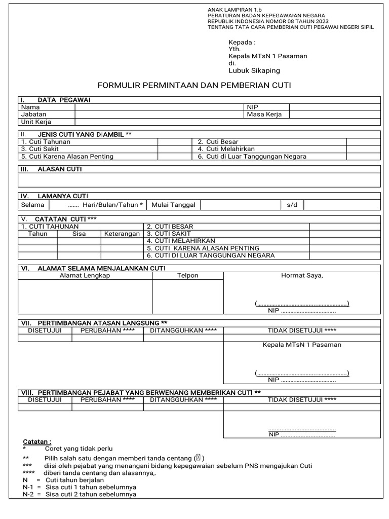 Formulir Cuti PNS MTsN 1 Pasaman | PDF