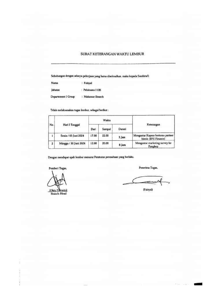 Form Lembur Faisyal Juni 2024 | PDF