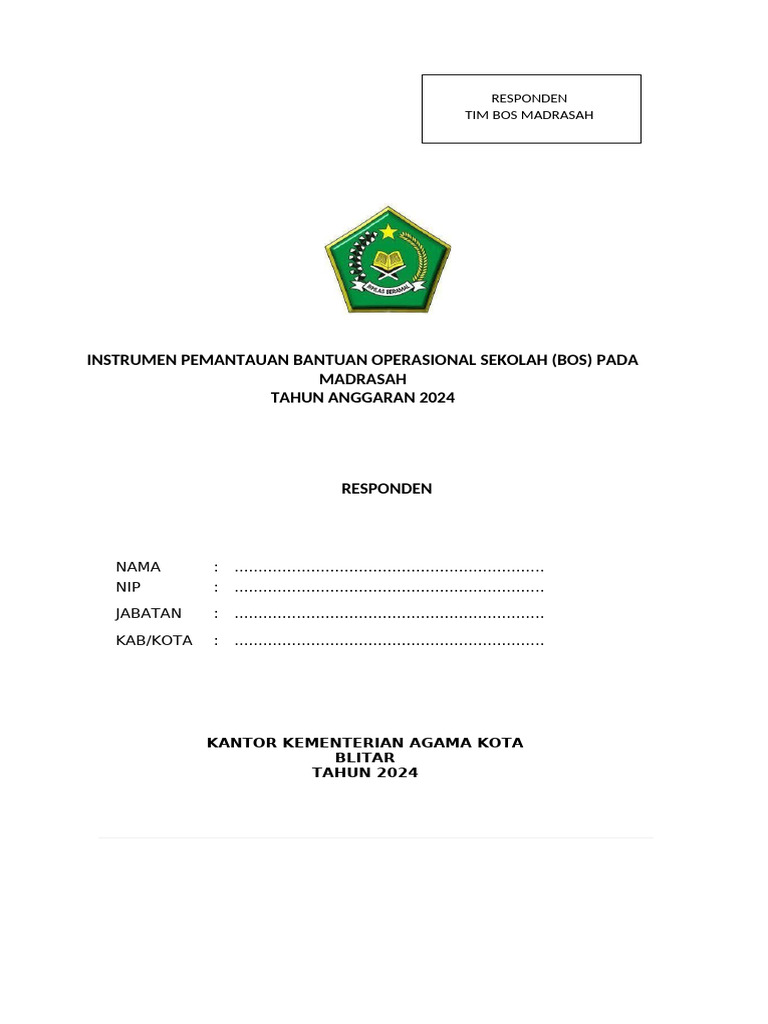 Instrumen Monev Bos Untuk Madrasah Tahun 2024 | PDF