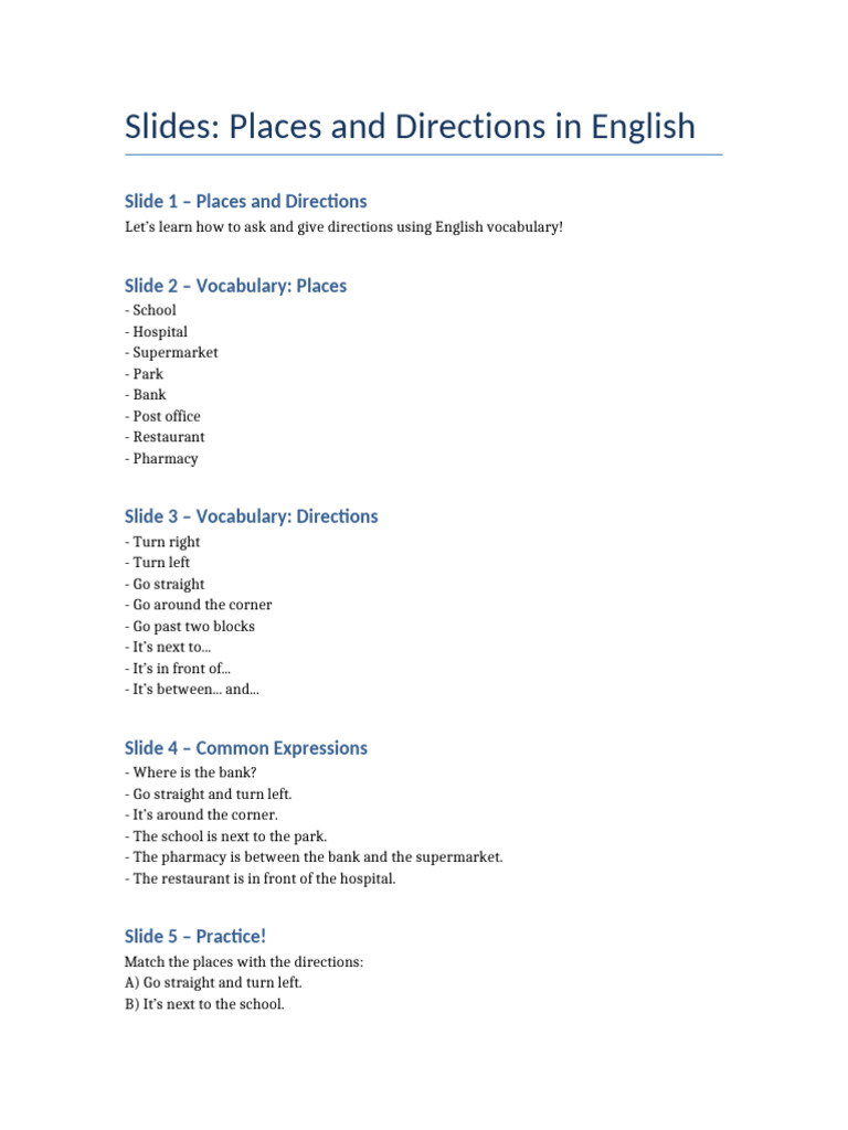 Directions Vocabulary Worksheet | PDF