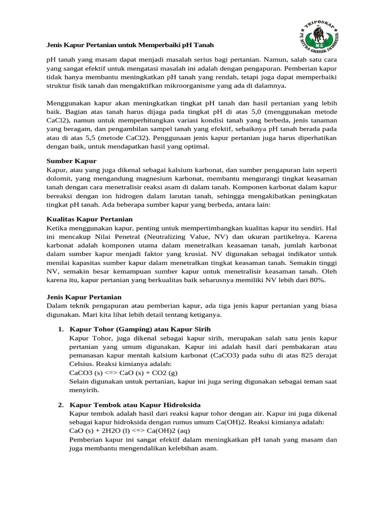 Jenis Kapur Pertanian dan Manfaatnya | PDF